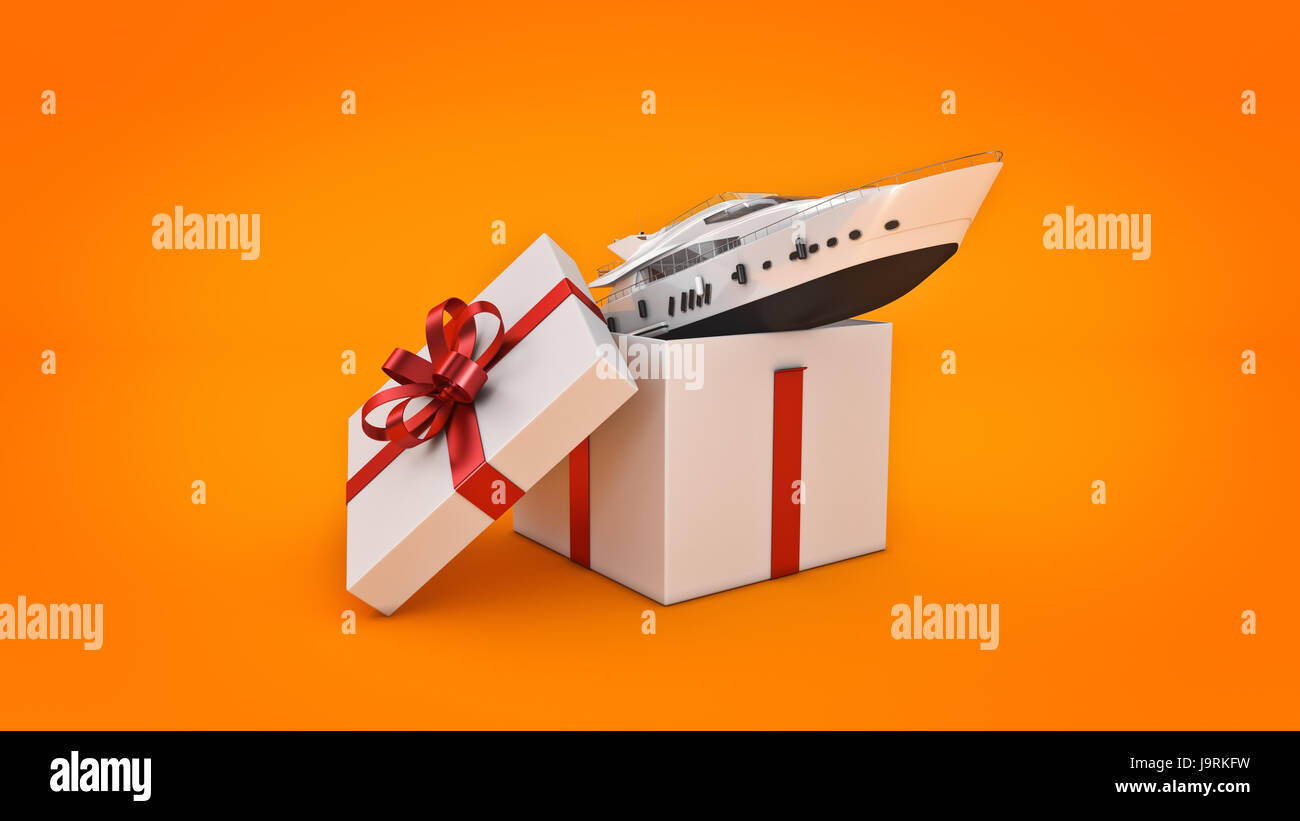 Yacht, luxury boat. Gift box concept. 3D rendering Stock Photo - Alamy