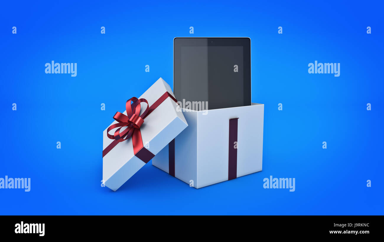 Tablet computer. Gift box concept. 3D rendering Stock Photo - Alamy