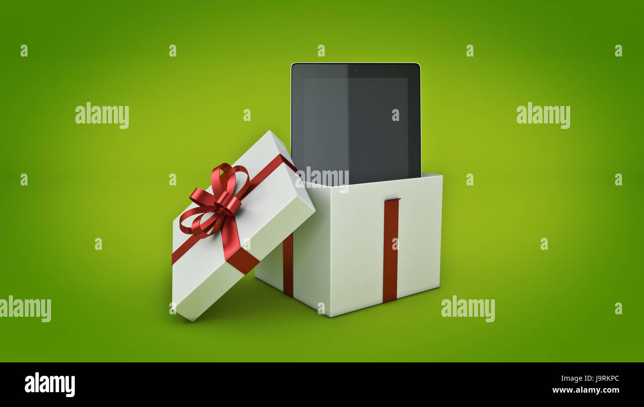 Tablet computer. Gift box concept. 3D rendering Stock Photo - Alamy