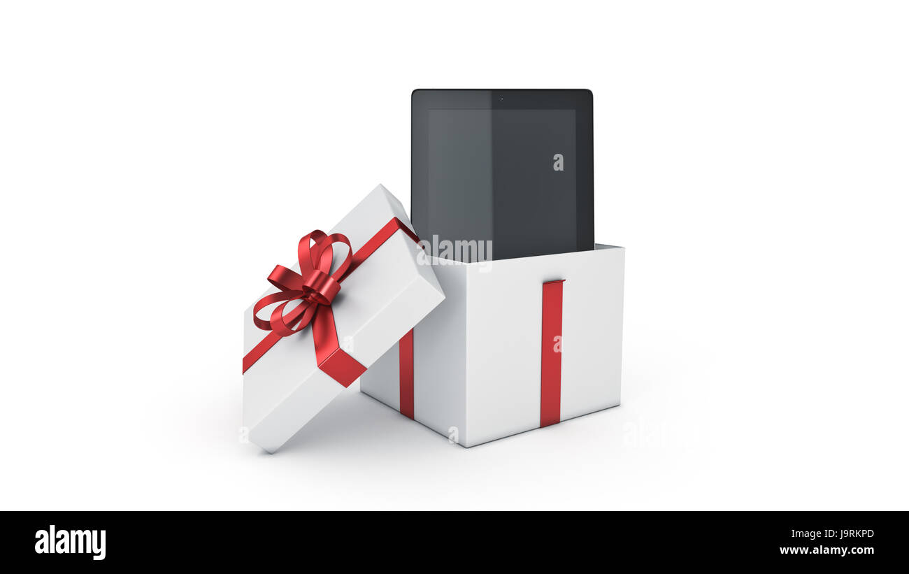 Tablet computer. Gift box concept. 3D rendering Stock Photo - Alamy