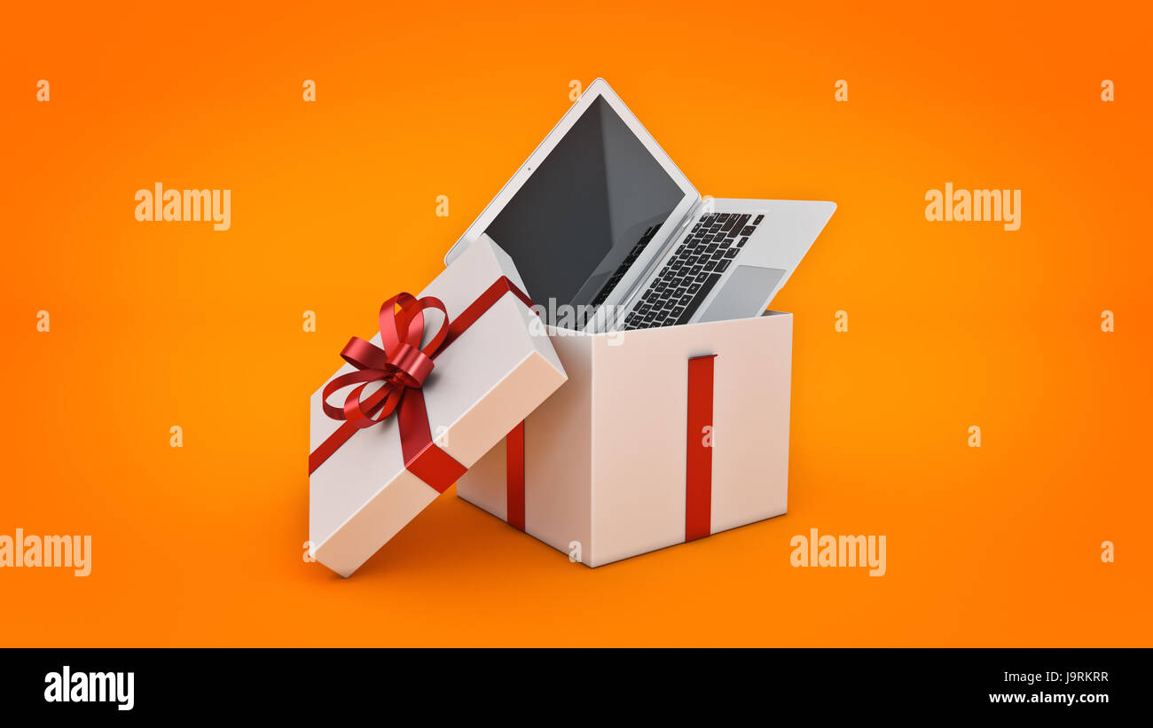 laptop computer. Gift box concept. 3D rendering Stock Photo - Alamy