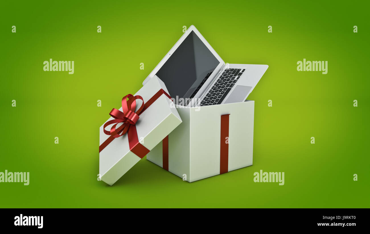 laptop computer. Gift box concept. 3D rendering Stock Photo - Alamy