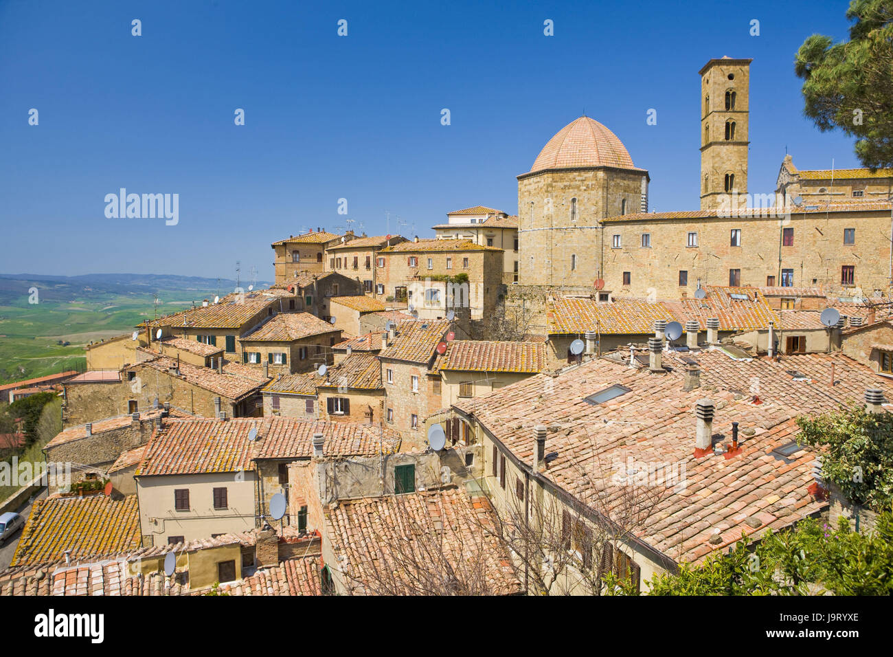 Italy,Tuscany,Volterra,town view,baptistry,cathedral Santa Maria ...