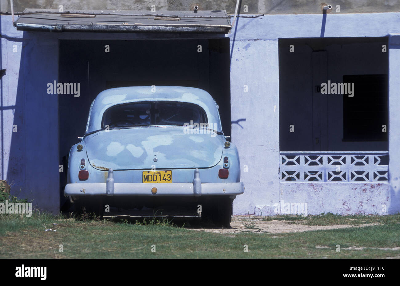 Cuba,Varadero,garage,old-timer,light blue,rear view,Central America ...