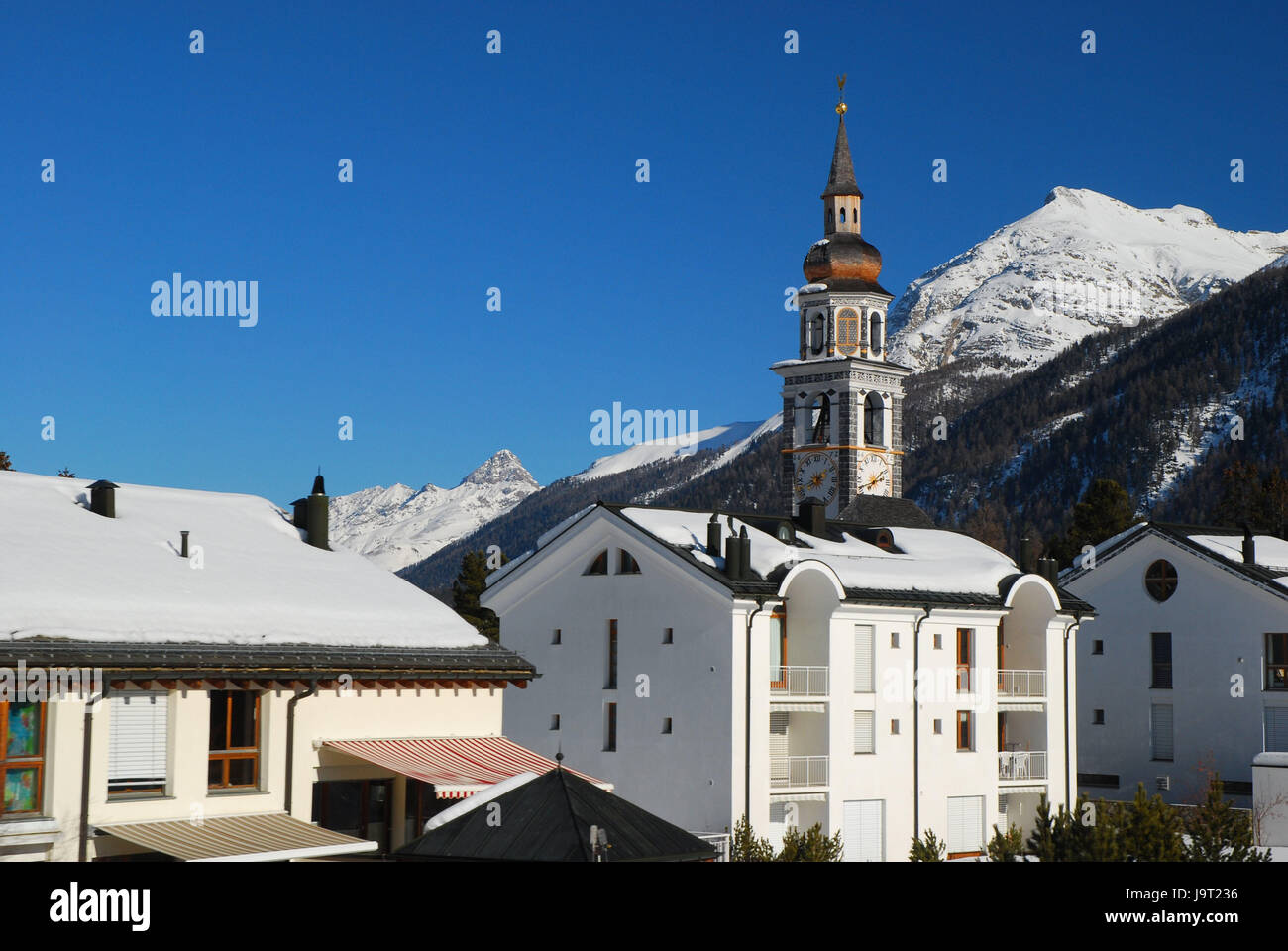 Switzerland,Graubuenden,the Engadine,Engadiner alps,Celerina,tower ...