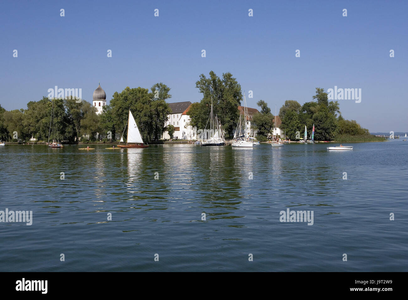 Germany,Upper Bavaria,Lake Chiem,sailboats,island women's Lake Chiem ...