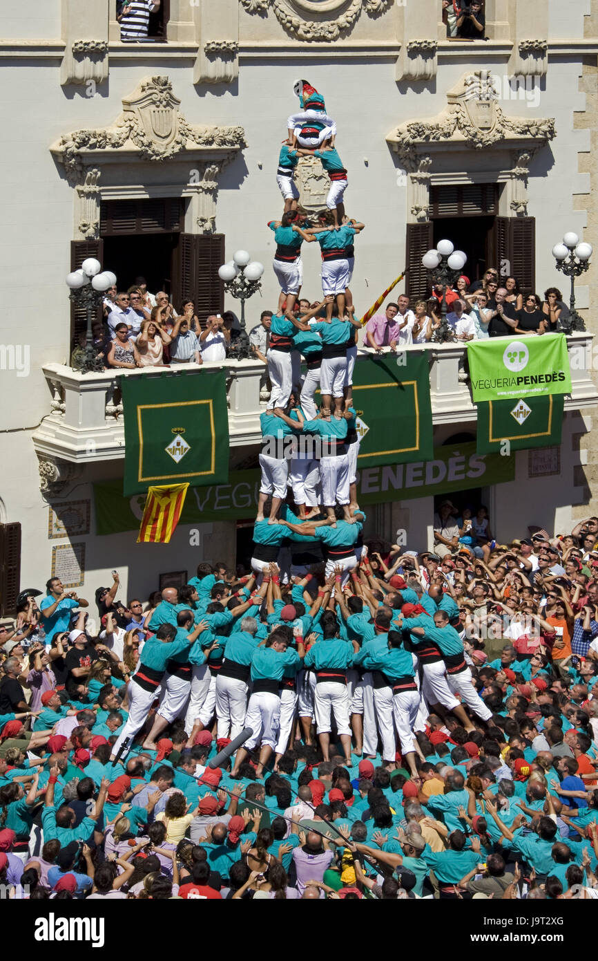 Spain,Catalonia,Villafranca,Castellers festival,human pyramid,spectator ...