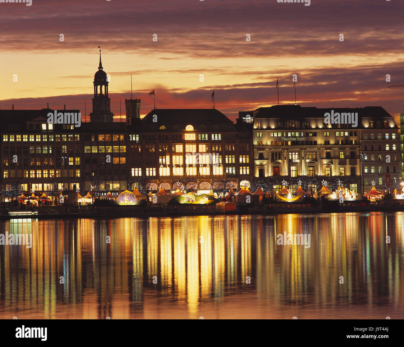 Germany,Hamburg,town view,lights,the Inner Alster,evening,mirroring ...