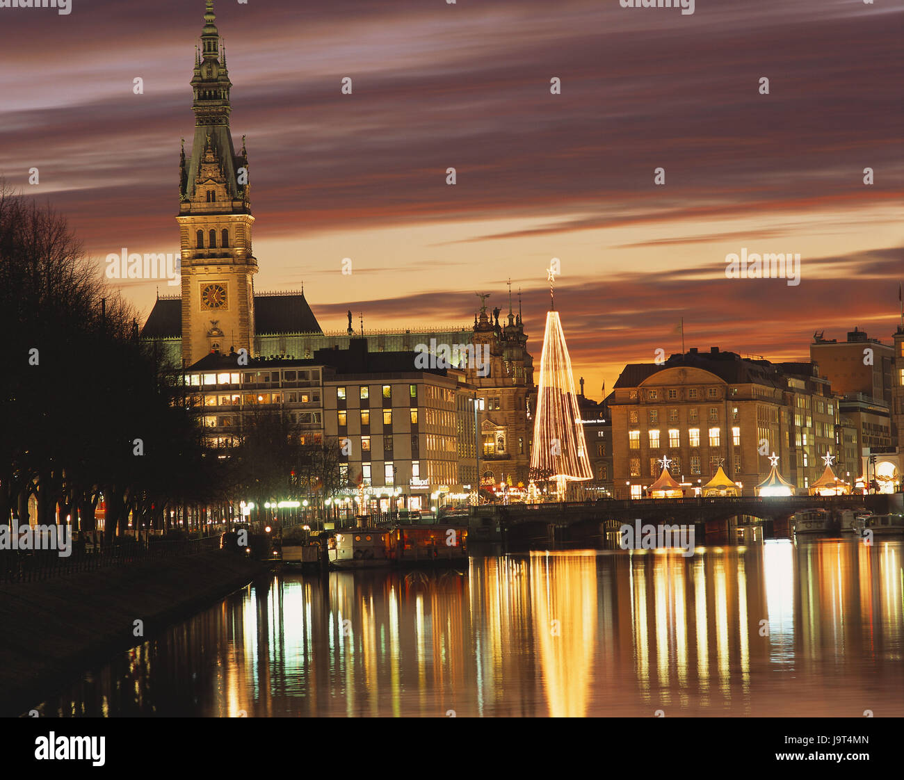 Germany,Hamburg,town view,city hall tower,lights,the Inner Alster ...
