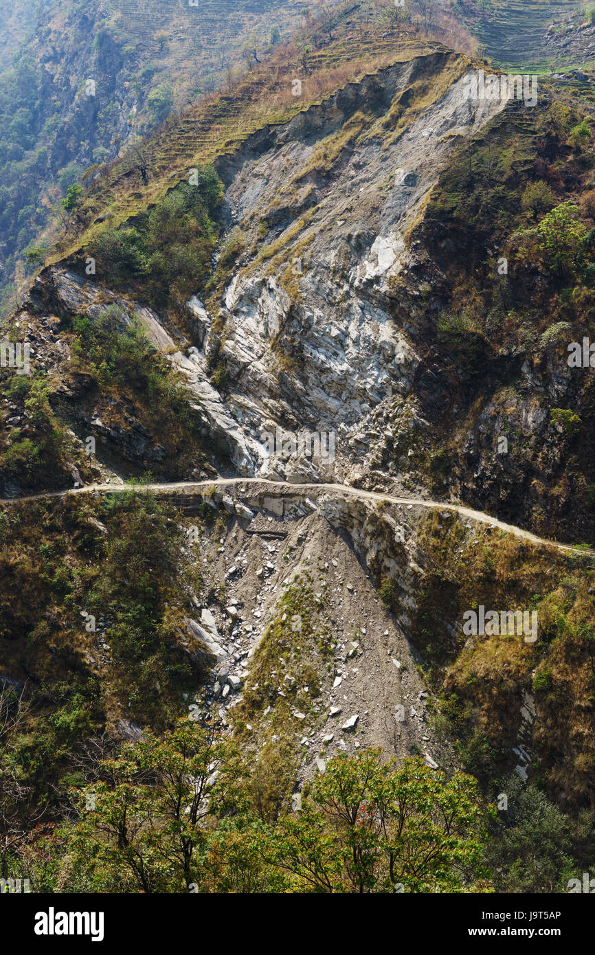 Dangerous road carved in a cliff, leading along the Upper Marsyangdi ...