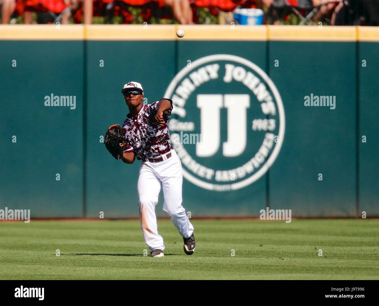 Jun 2, 2017: Missouri State left fielder Alex Jefferson #40 makes a throw back into the infield ...