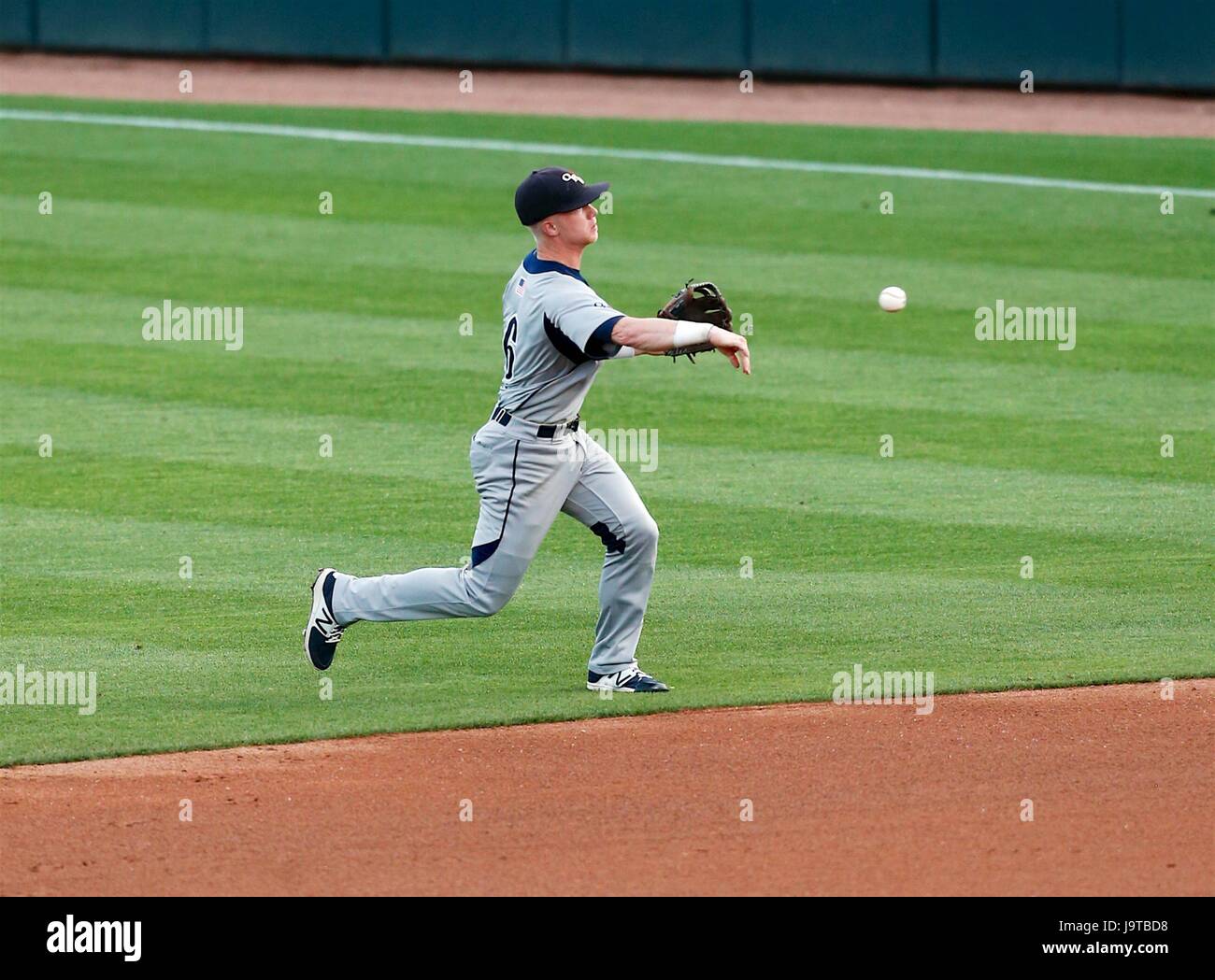 First. 2nd June, 2017. ORU second baseman Nick Roark #6 makes a throw ...