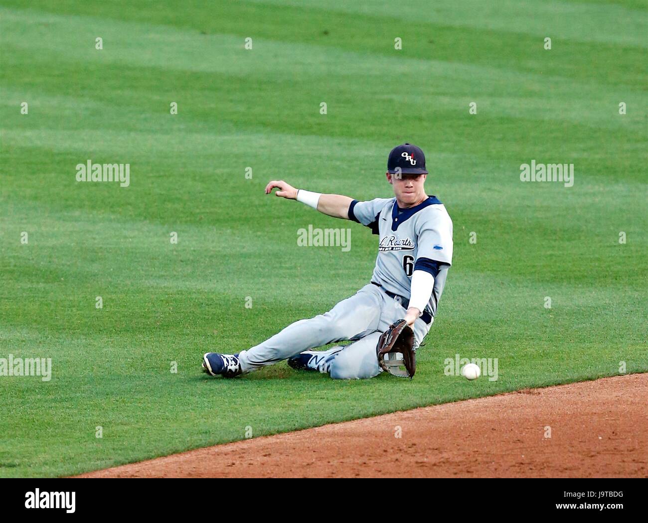 The Ball. 2nd June, 2017. ORU second baseman Nick Roark #6 makes a ...
