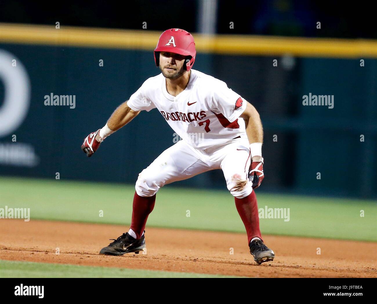 Jun 2, 2017: Razorback third baseman Jack Kenley #7 stops as he leads ...