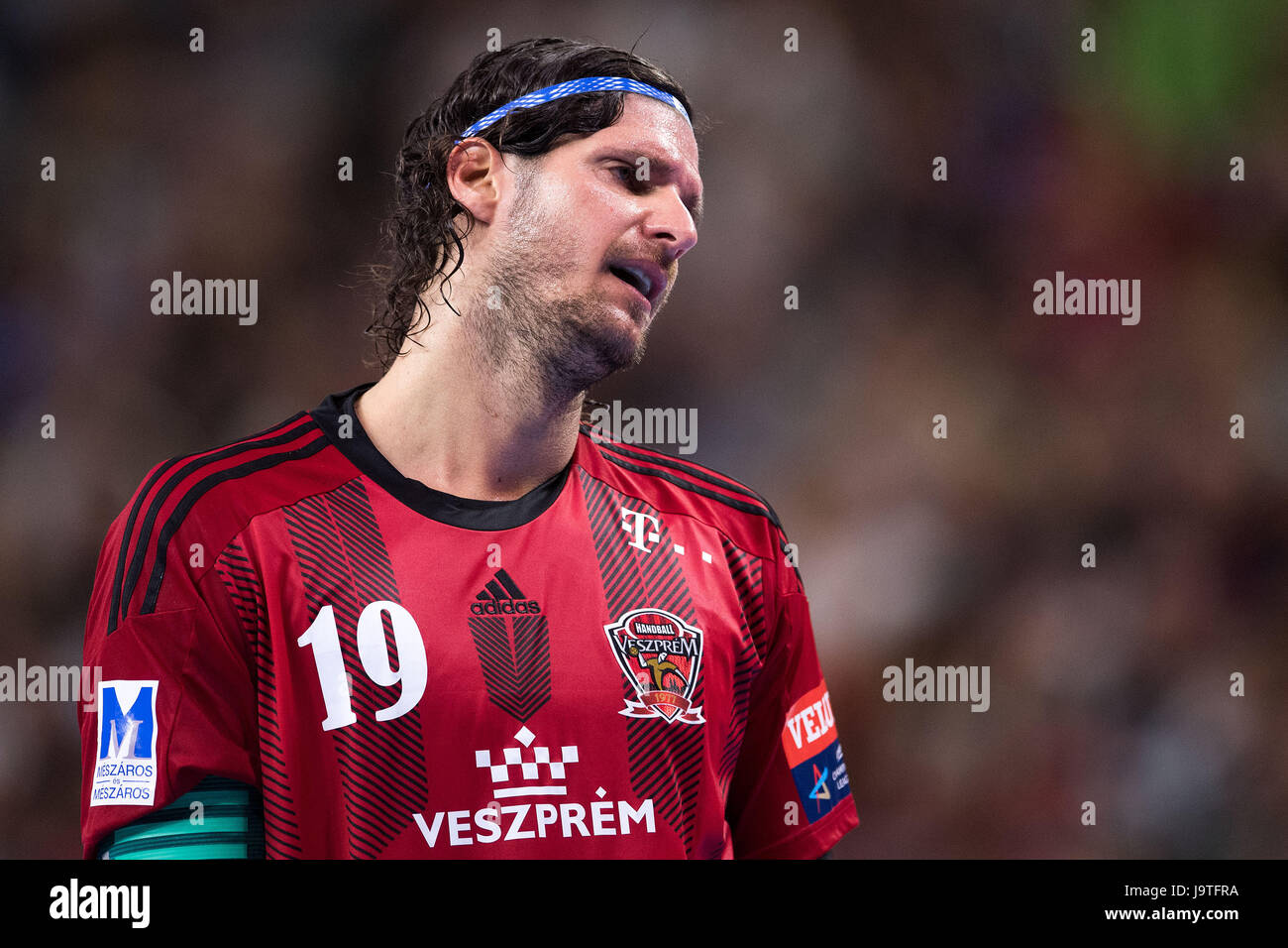 Cologne, Germany. 03rd June, 2017. Veszprem's Laszlo Nagy reacts after a counter goal during the ...
