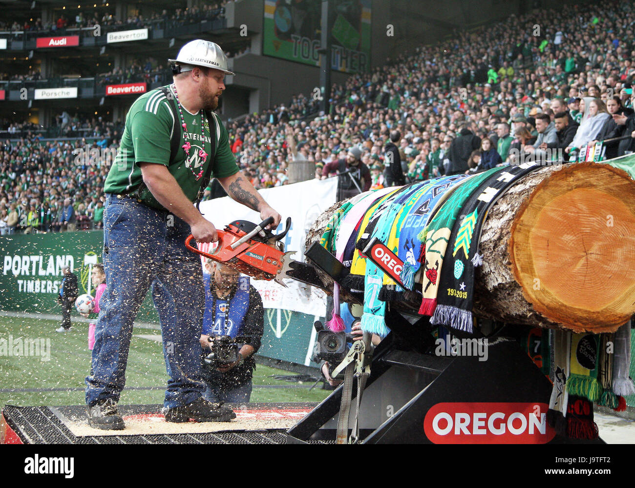 April 02, 2017. Portland Timbers mascot Timber Joey cuts a slice of the ...