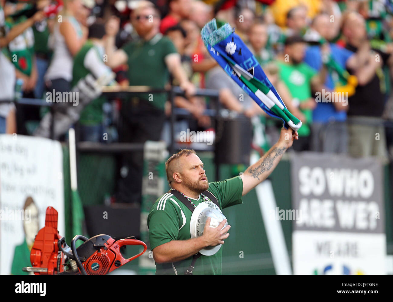 June 02, 2017. Portland Timbers mascot Timber Joey waves his scarf ...