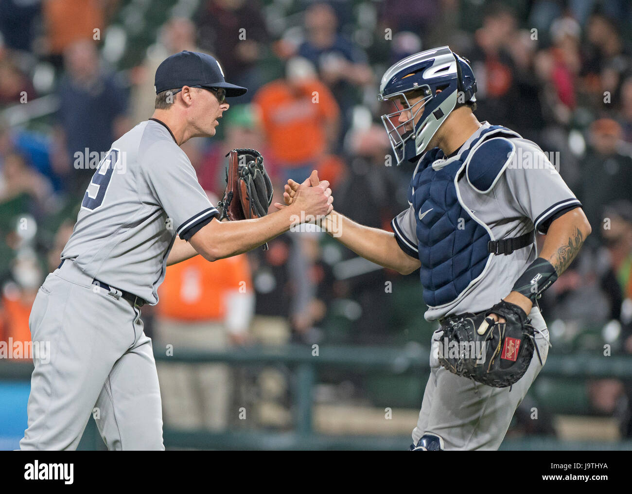 New York Yankees relief pitcher Tyler Clippard (29)and catcher Gary ...