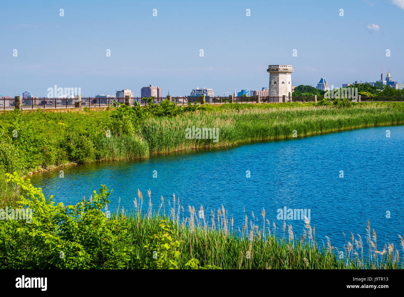 View of Druid Lake and the Moorish Tower at Druid Hill Park in ...