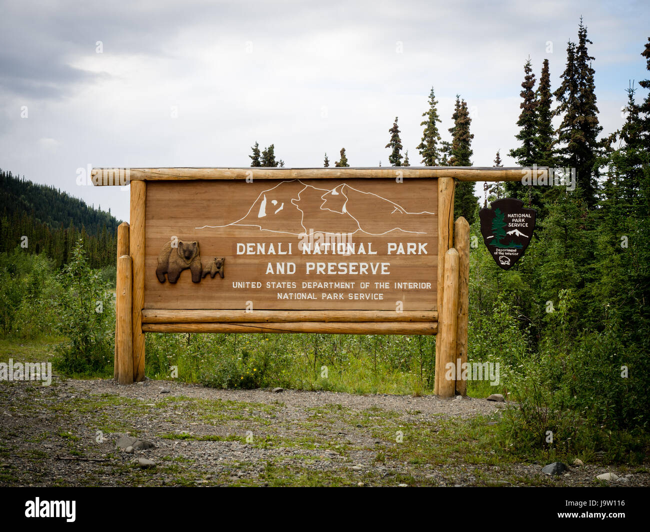 Denali National Park and Preserve sign north of park near entrance with ...