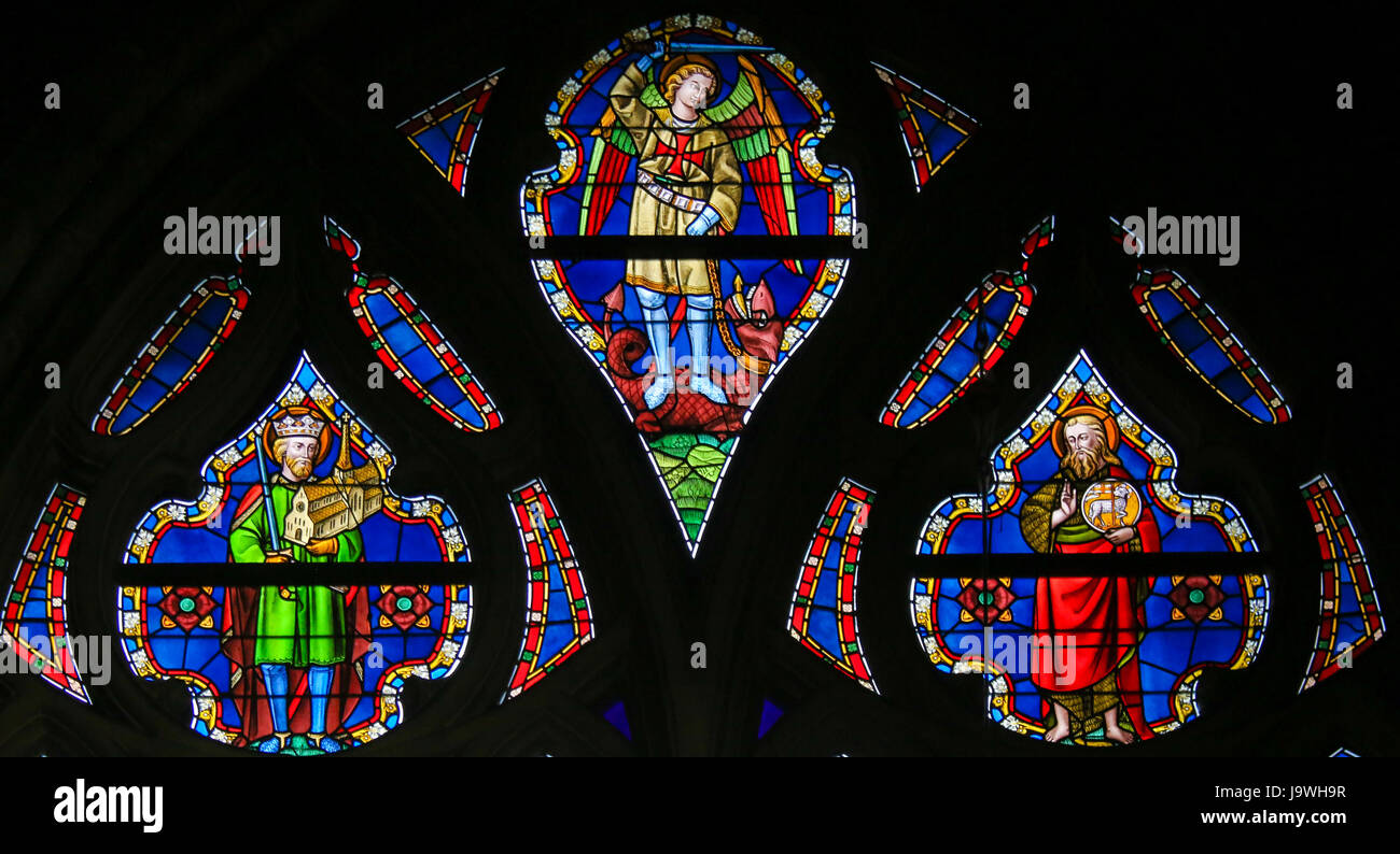 Stained Glass window depicting Catholic Saints including Saints Michael ...