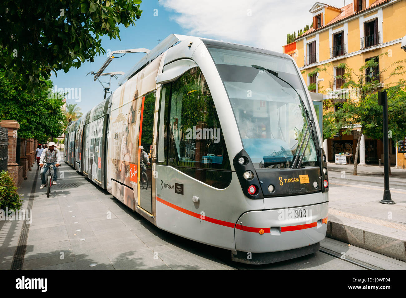 Seville, Spain - June 24, 2015: Modern tram Tussam on the line Stock ...