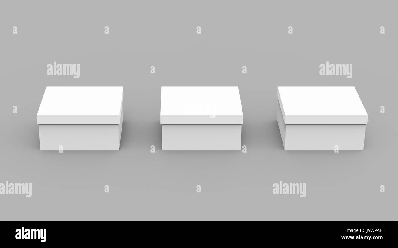 three white 3d rendering blank boxes, isolated light gray background ...