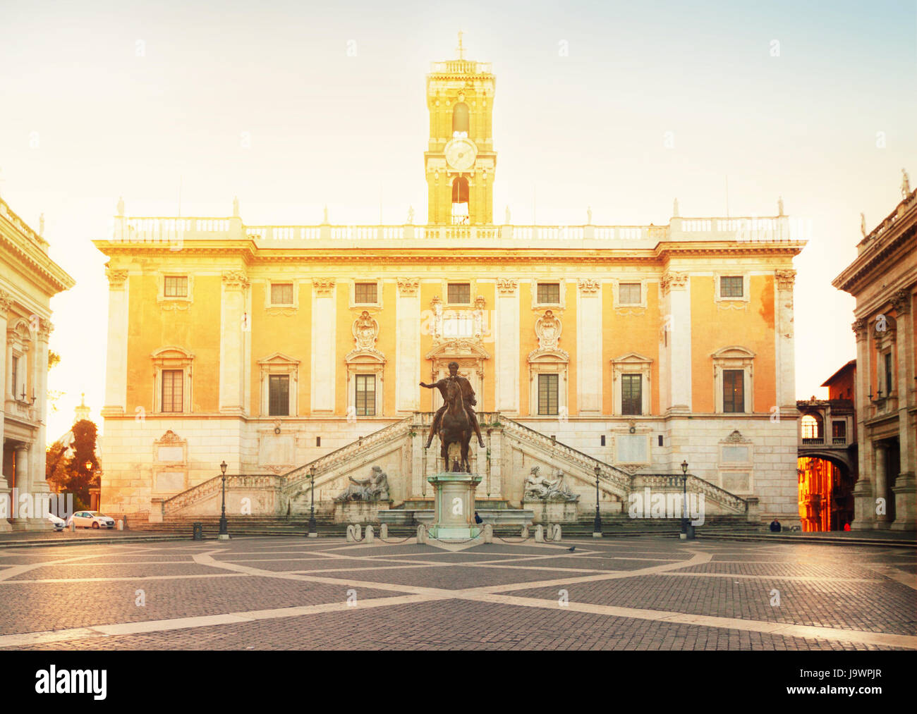 Campidoglio square at sunrise, Capitoline hill in Rome, Italy, retro ...