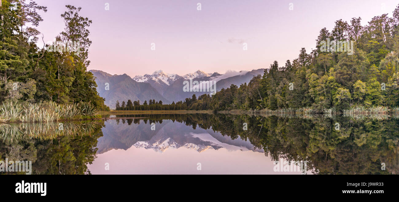 Sunset, Mirror Island, Mt. Tasman and Mt. Cook, Reflection in Lake ...