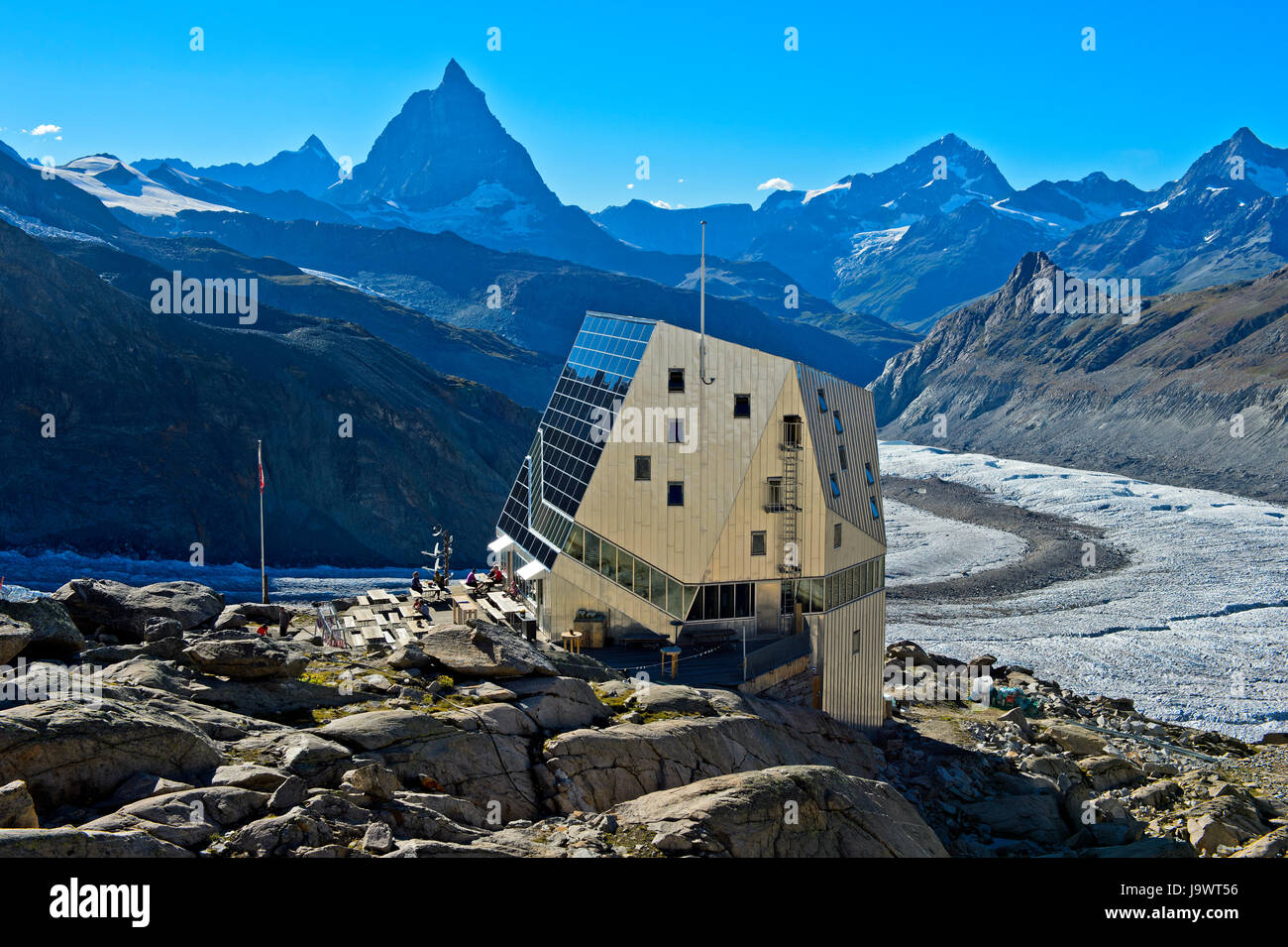Monte Rosa Hut, at back Gorner Glacier and Matterhorn, Zermatt, Valais ...