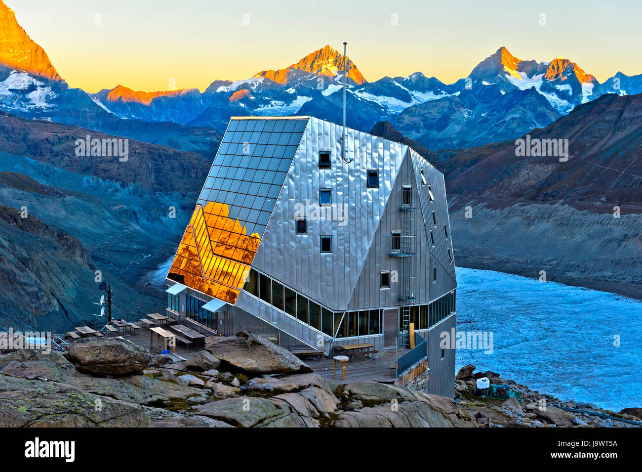 Dawn at the Monte Rosa Hut, at back Gorner Glacier, Zermatt, Valais ...