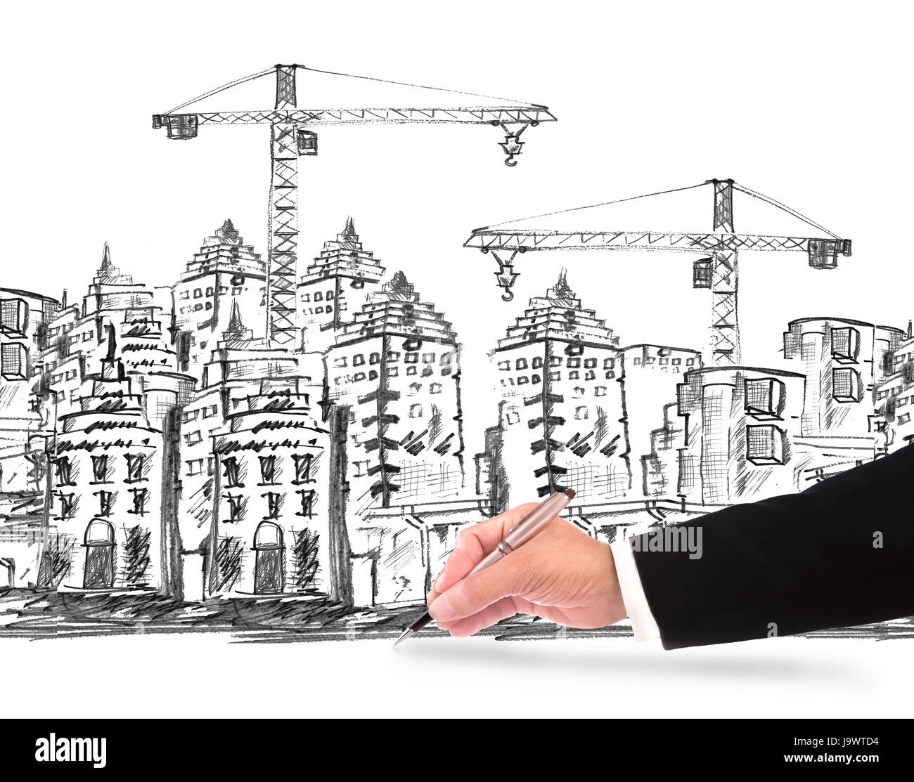 hand of business man writing on building construction sketching ...