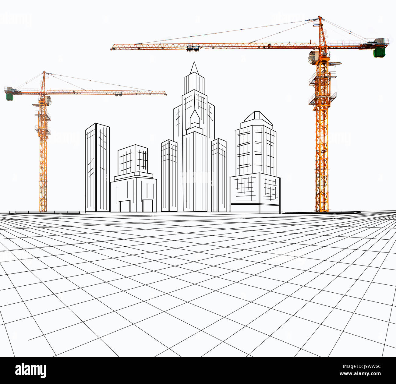 plan and writing tool with crane of modern building construction in ...