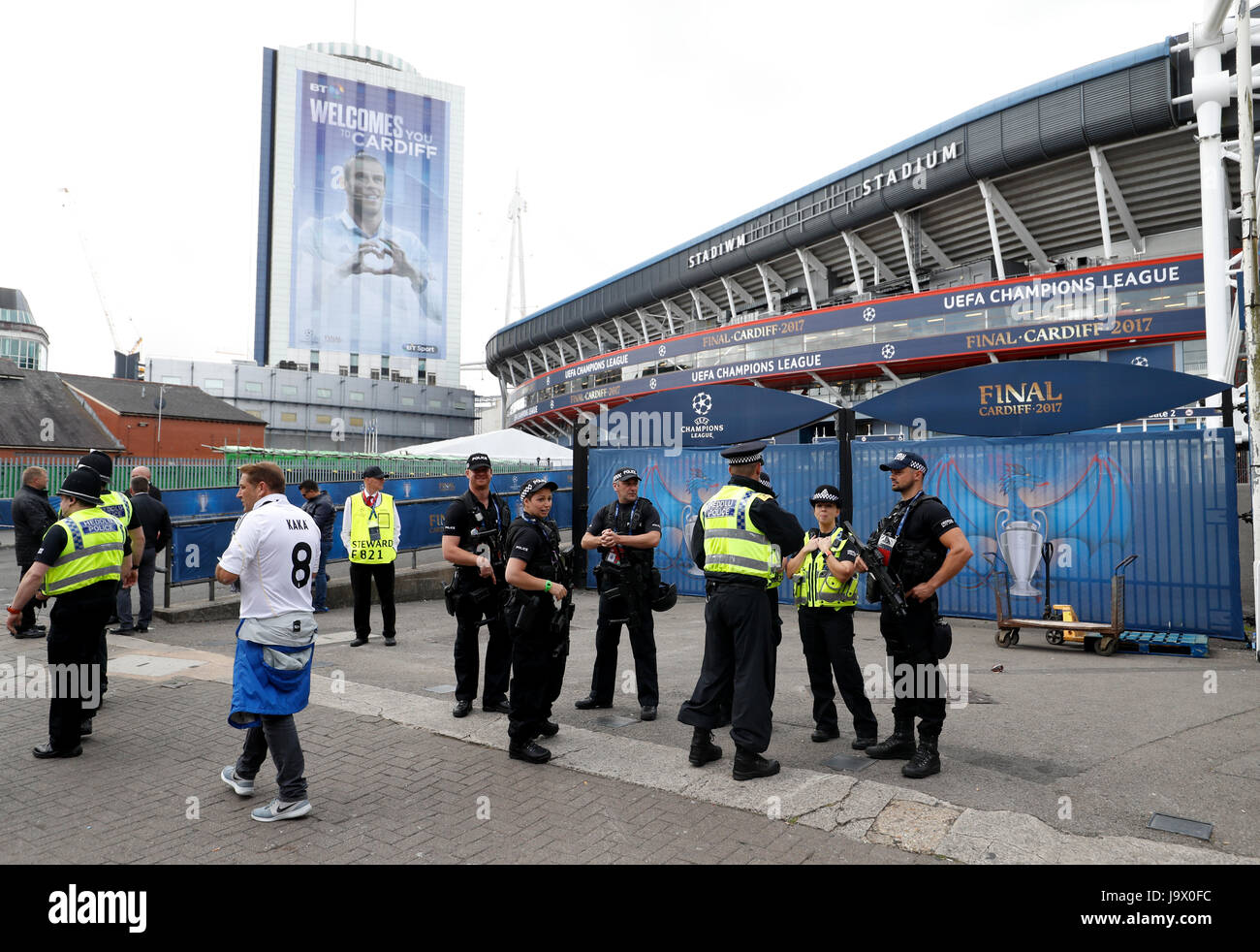 Armed police on patrol outside the stadium prior to the UEFA Champions ...