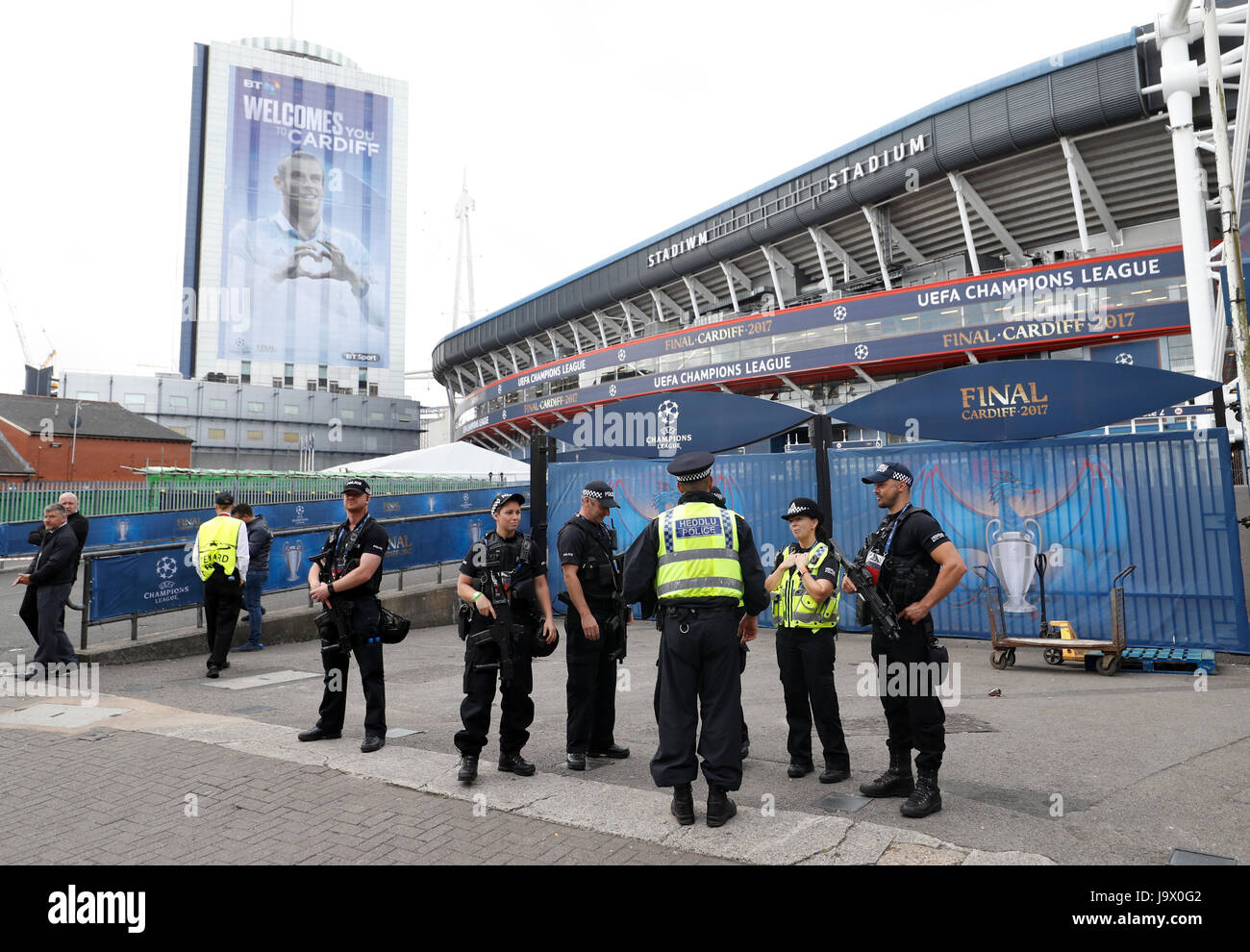 Armed police on patrol outside the stadium prior to the UEFA Champions ...