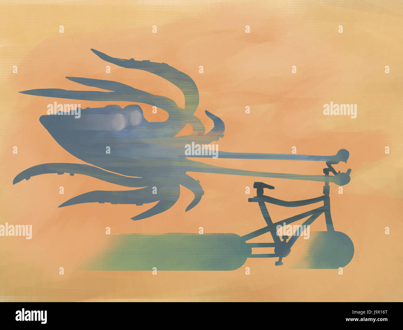 Giant colorful octopus riding a bicycle Stock Photo - Alamy