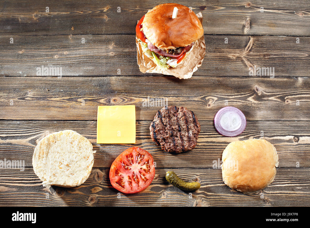 Ingredients for cooking burger and made an example. Grilled chicken ...