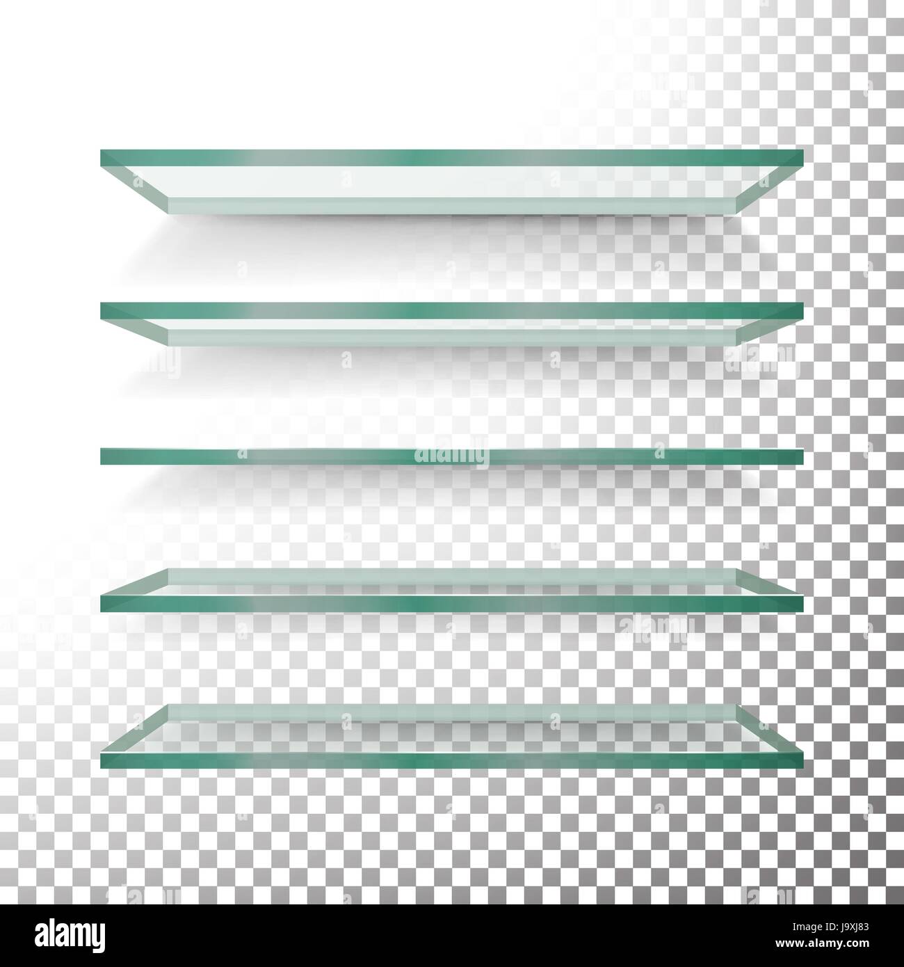 Empty Glass Shelves Template Vector Set. Realistic Transparent Blue ...