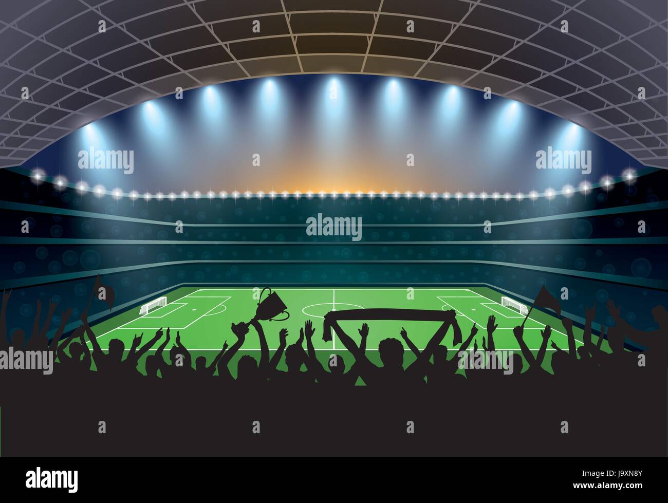 Excited crowd of people at a soccer stadium. Football stadium. Soccer ...