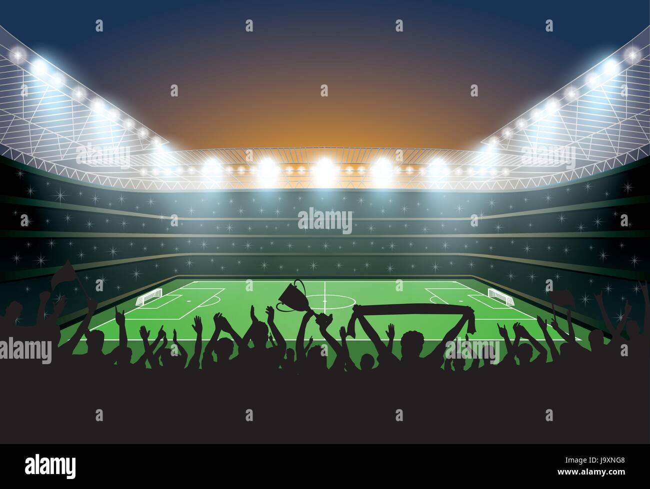 Excited crowd of people at a soccer stadium. Football stadium. Soccer ...