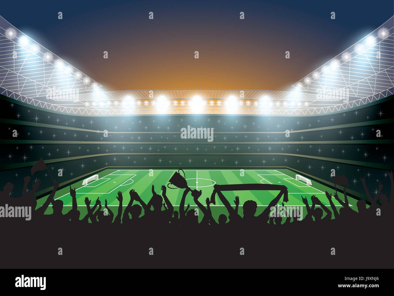 Excited crowd of people at a soccer stadium. Football stadium. Soccer ...