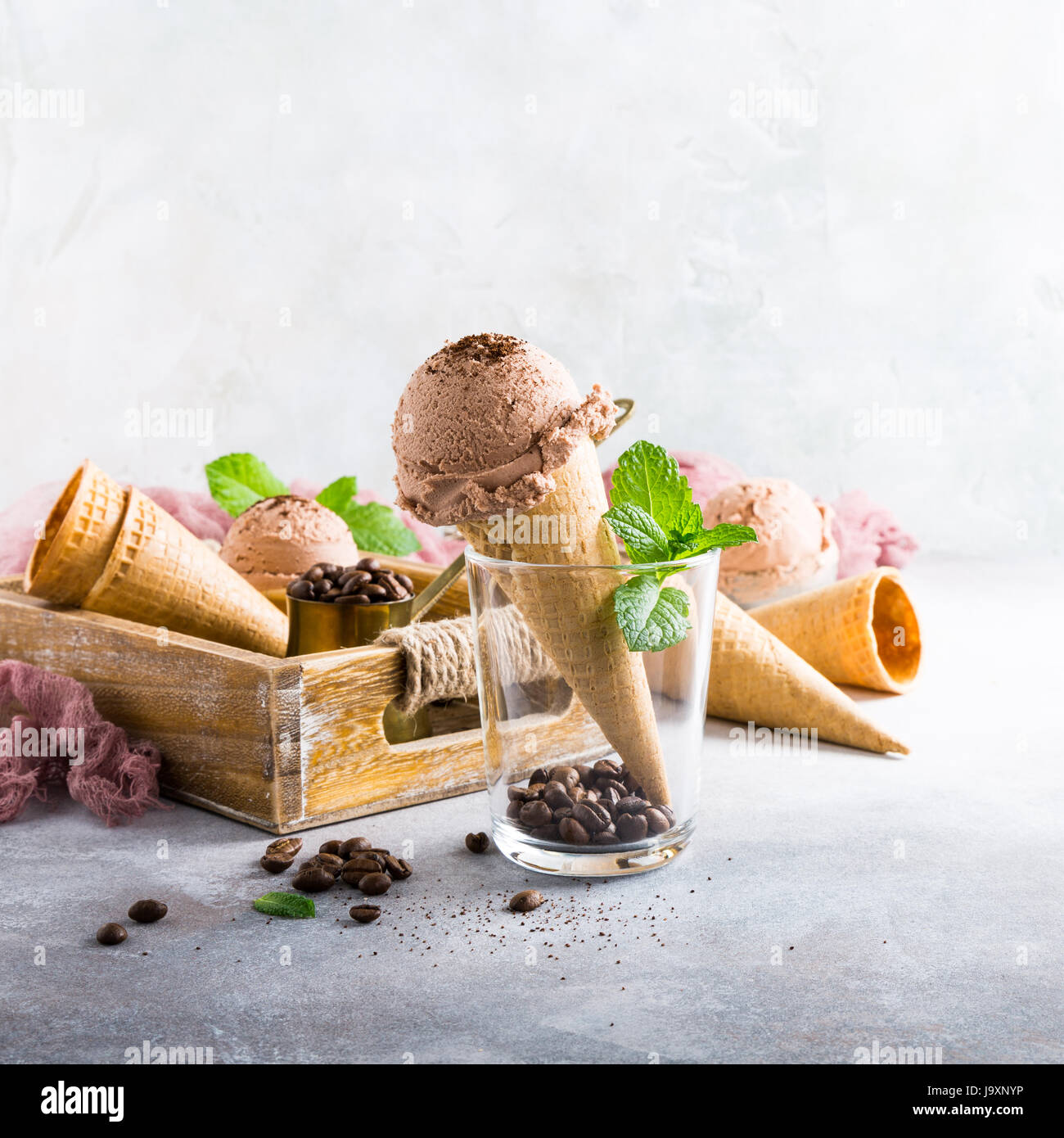 Waffle cones with coffee ice cream Stock Photo - Alamy