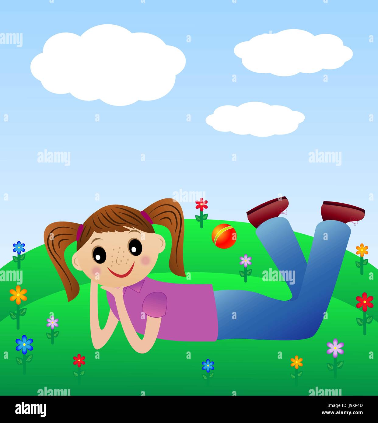 merry girl lie on green lawn, vector illustration Stock Vector Image ...