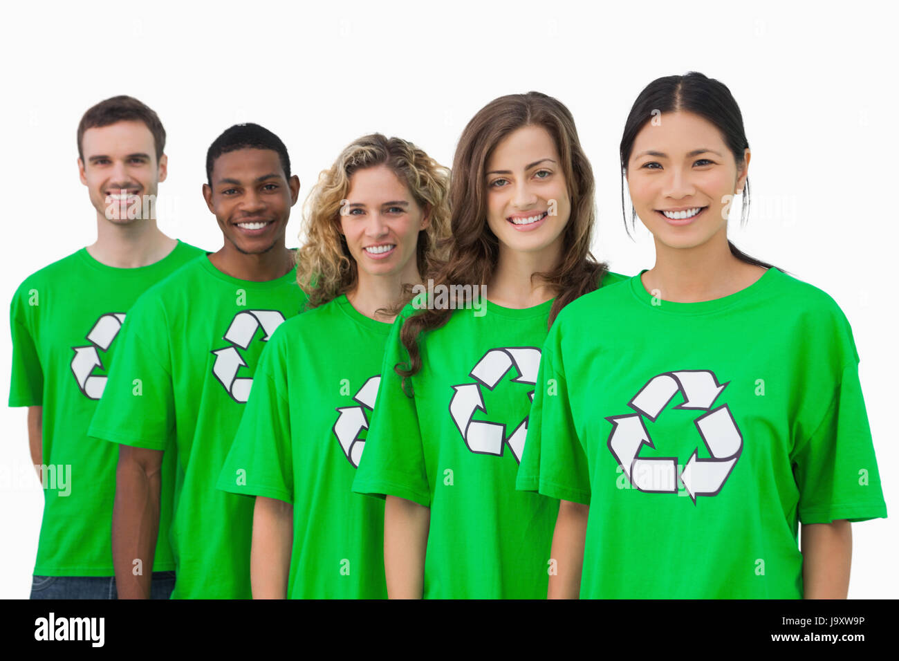 Cheerful group of environmental activists on white background Stock ...