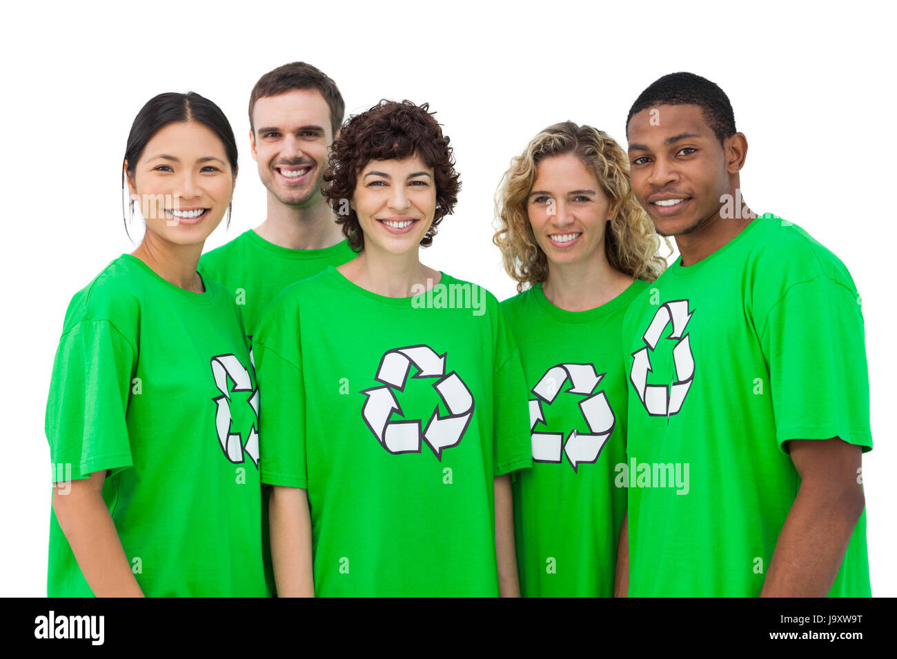 Group of environmental activists smiling on white background Stock ...
