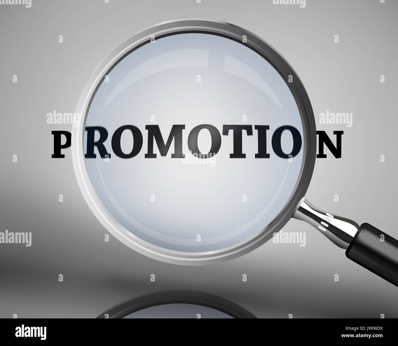 Magnifying glass showing promotion word on grey background Stock Photo ...