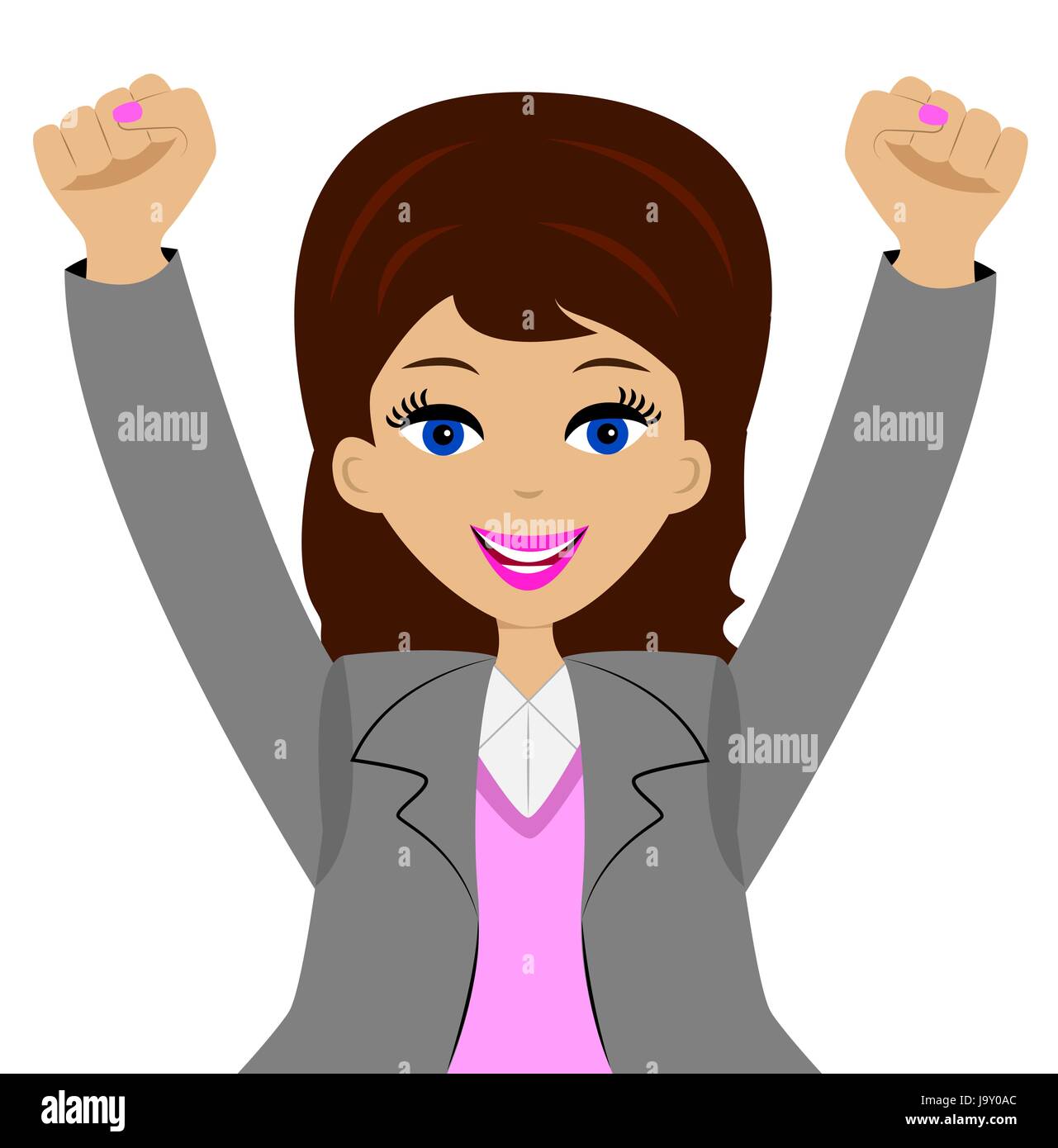 a young business woman is glad, heaving up hands upwards, vector ...