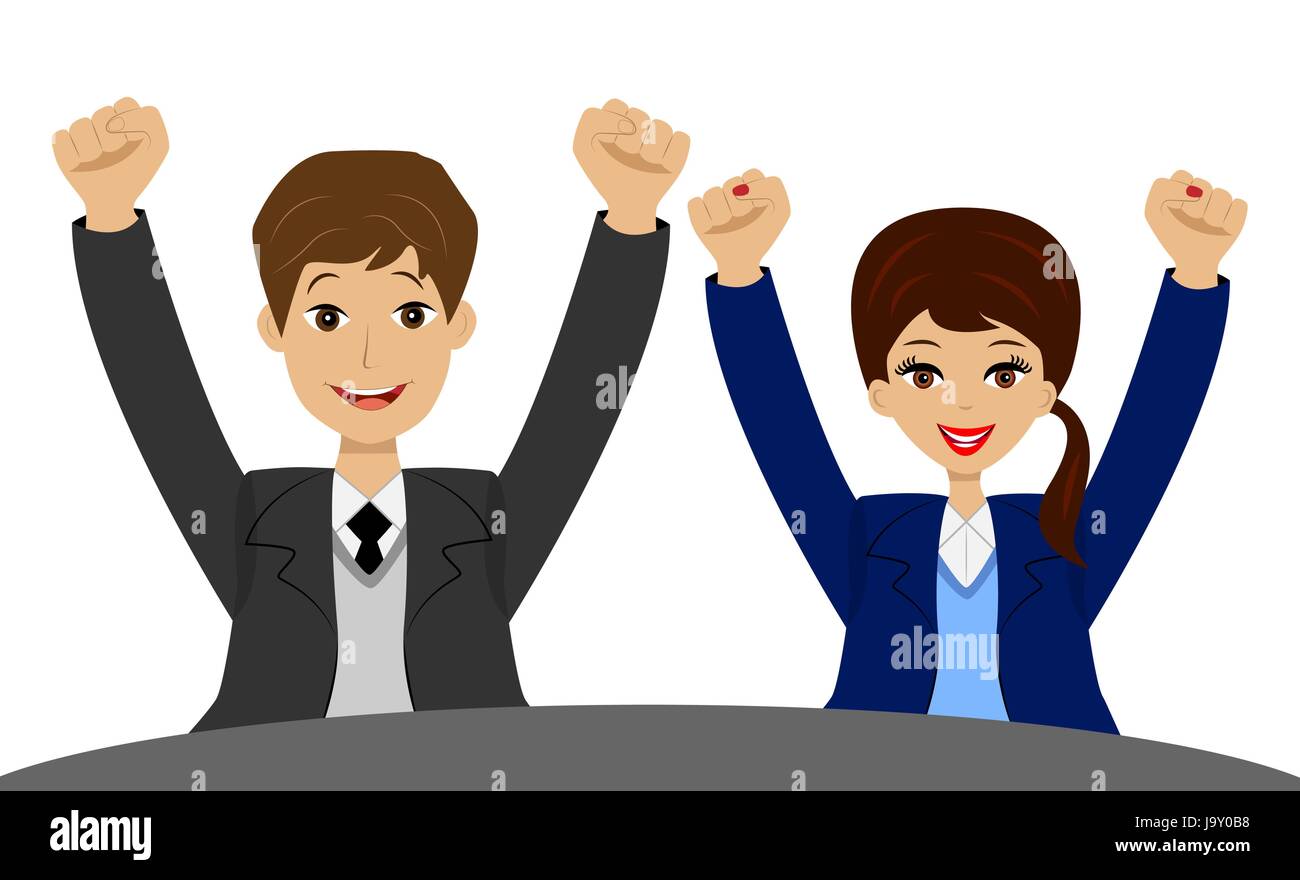 successful businessmen heaved up hands upwards and are glad to victory ...