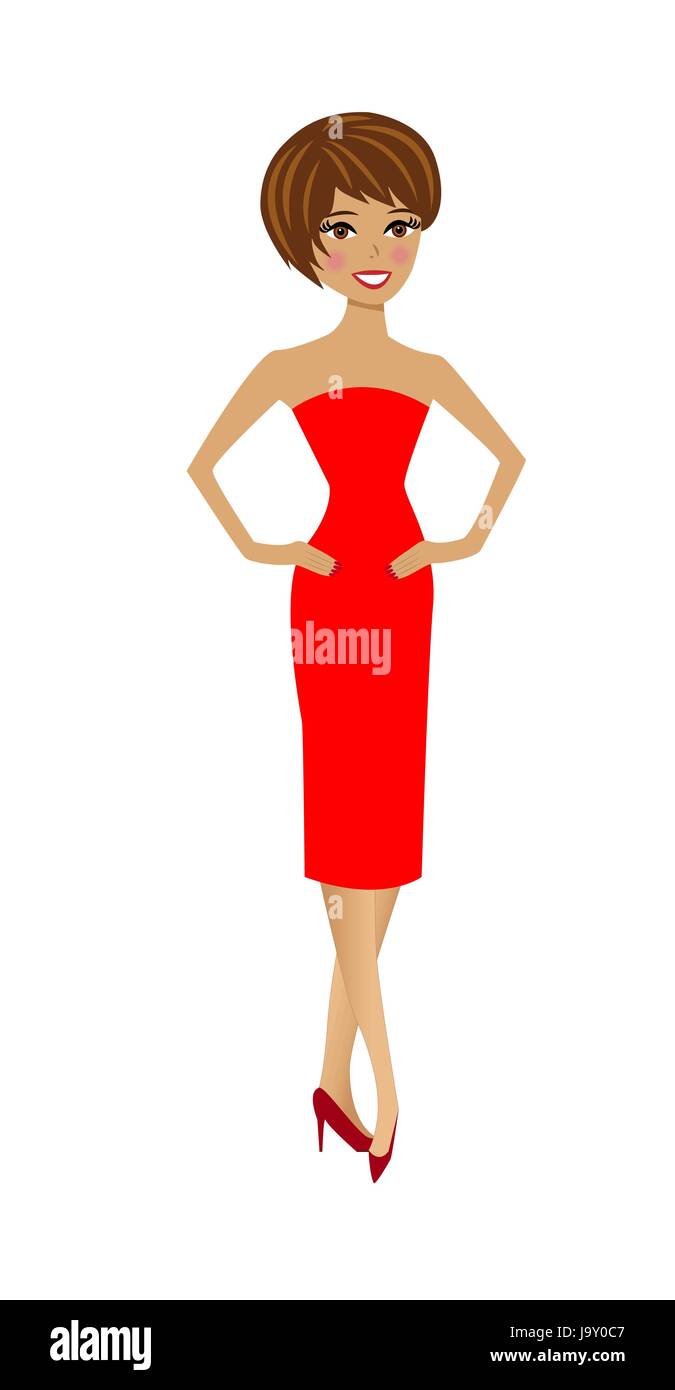 beautiful slender woman in red dress on white background, vector ...