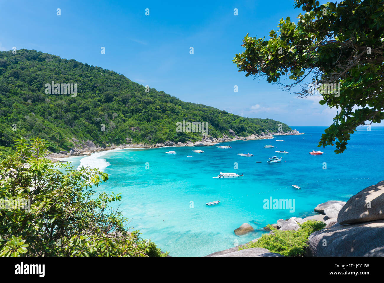 Beautiful view point with blue sky and clouds, blue sea and white sand ...